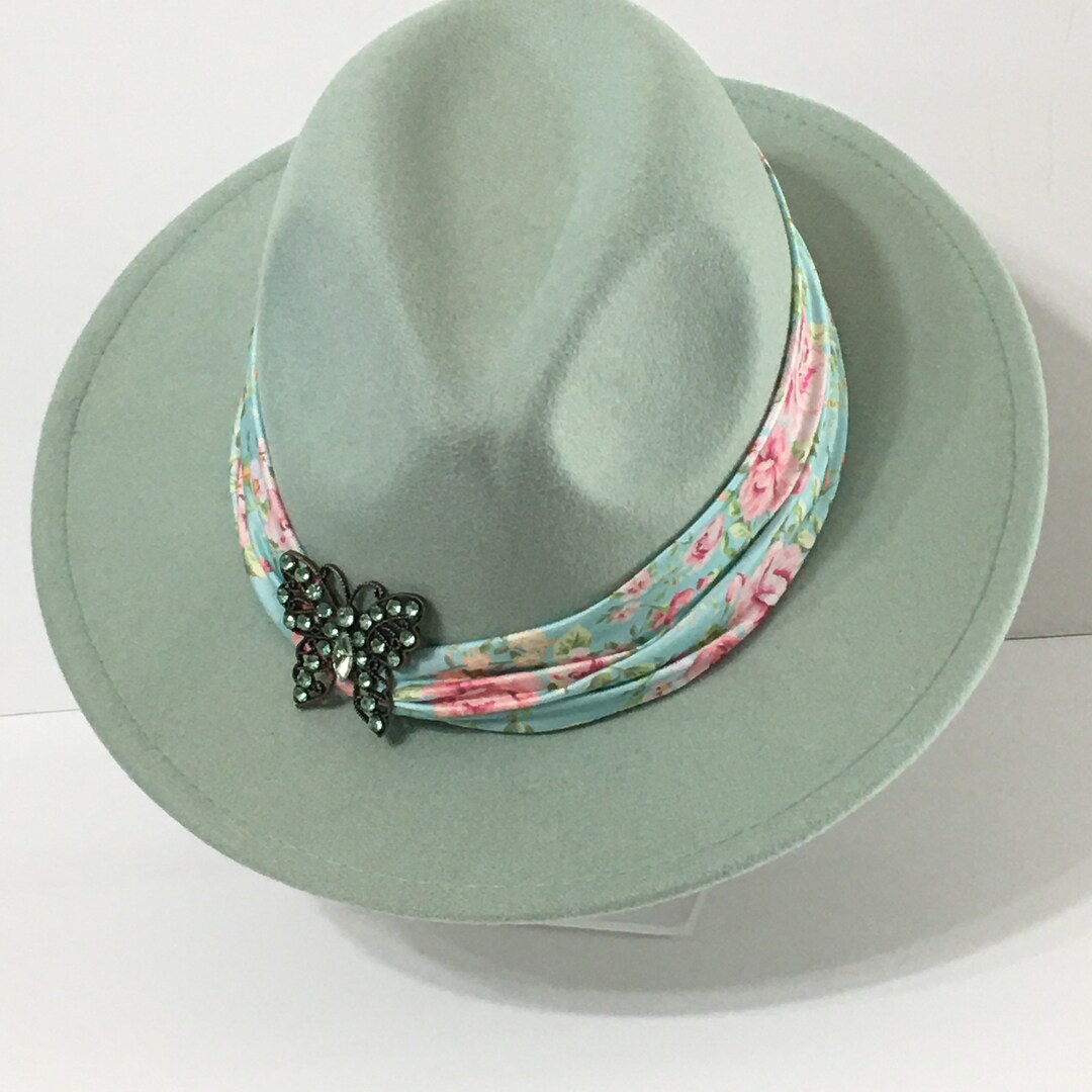 Green Boho Fedora Hat, Embroidered Fedora, Boho Fedora, Floral Fedora ...