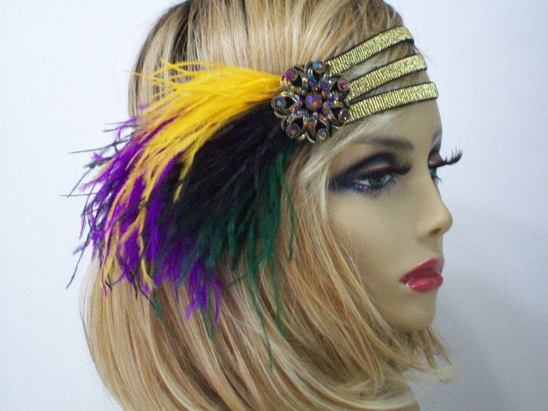 Mardi Gras Headpiece, Purple Green Gold Feather Headband, 1920s Mardi ...