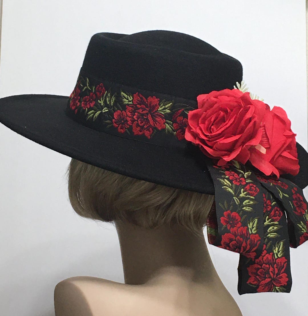 Black Boater Hat, Embroidered Bolero, Breeders Cup Races, Wide Brim ...