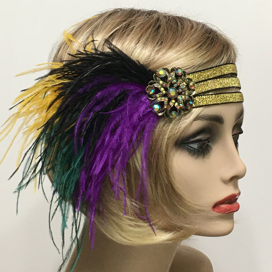 Mardi Gras Headpiece, Purple Green Gold Feather Headband, 1920s Mardi ...