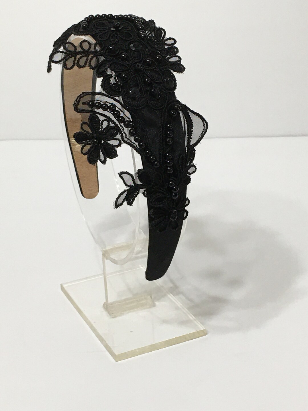 Black Beaded Headband, Embroidered Hairband, Floral Lace Headband, Boho ...