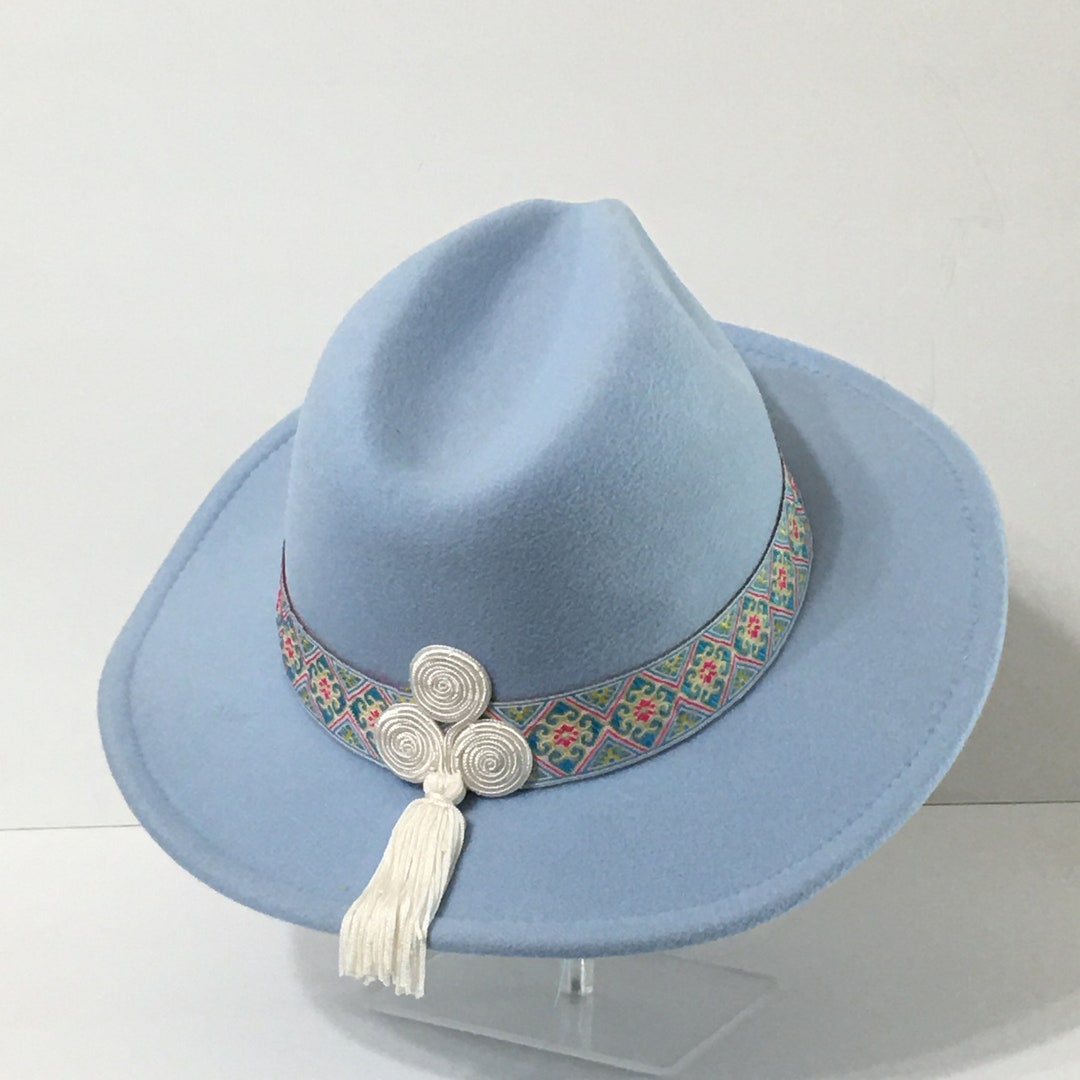Sky Blue Boho Fedora Hat, Embroidered Fedora, Boho Fedora, Floral ...