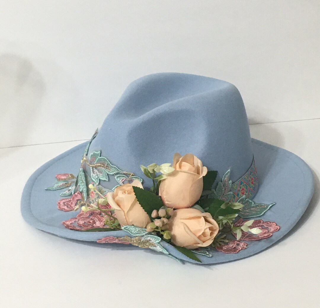 Boho Floral Fedora Hat Embroidered Roses Fedora Boho Fedora - Etsy