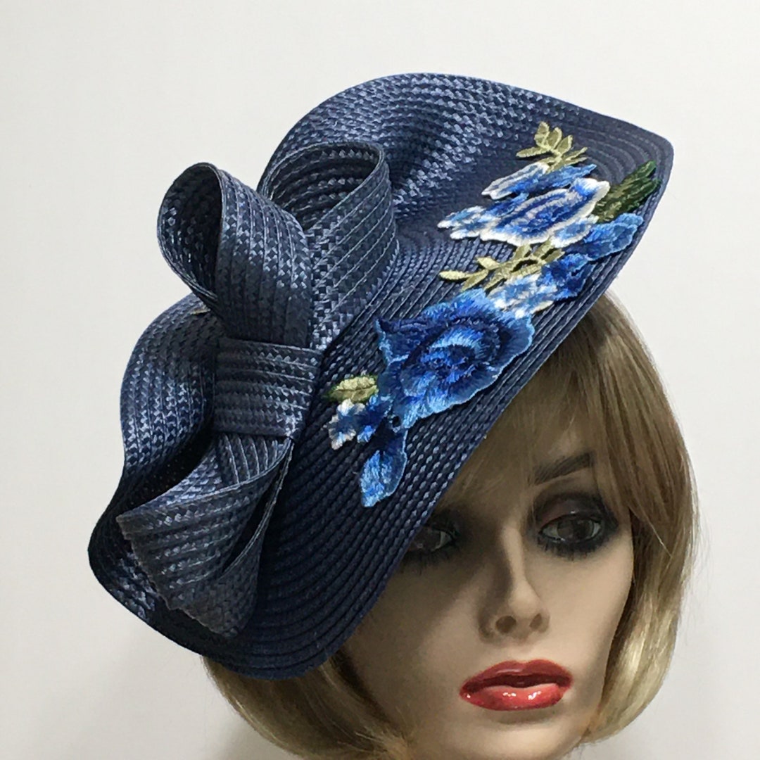 Navy Derby Fascinator, Horse Race Hat, Kentucky Derby Hat, Navy Rose Church Hat, Tea Party Hat ...