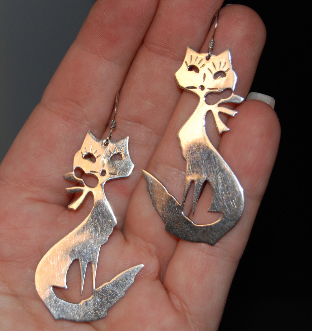 Kitty Cat Cut Out Eyelashes and Bow Girly Feline Earrings Sterling #BKC ...
