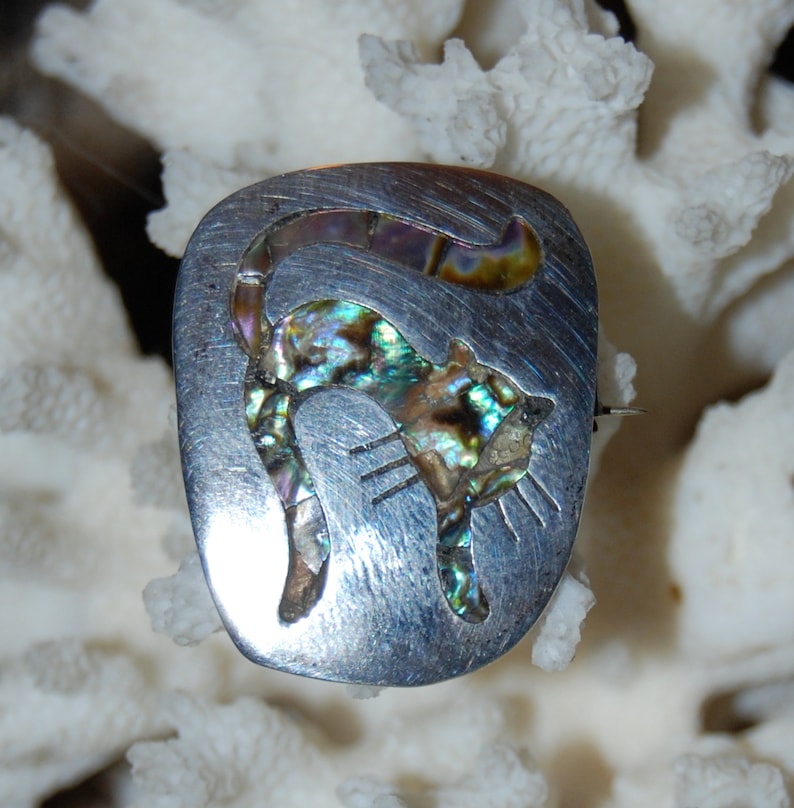 Vintage Abalone Paua Shell & Sterling Silver Kitty Cat Feline Scared ...