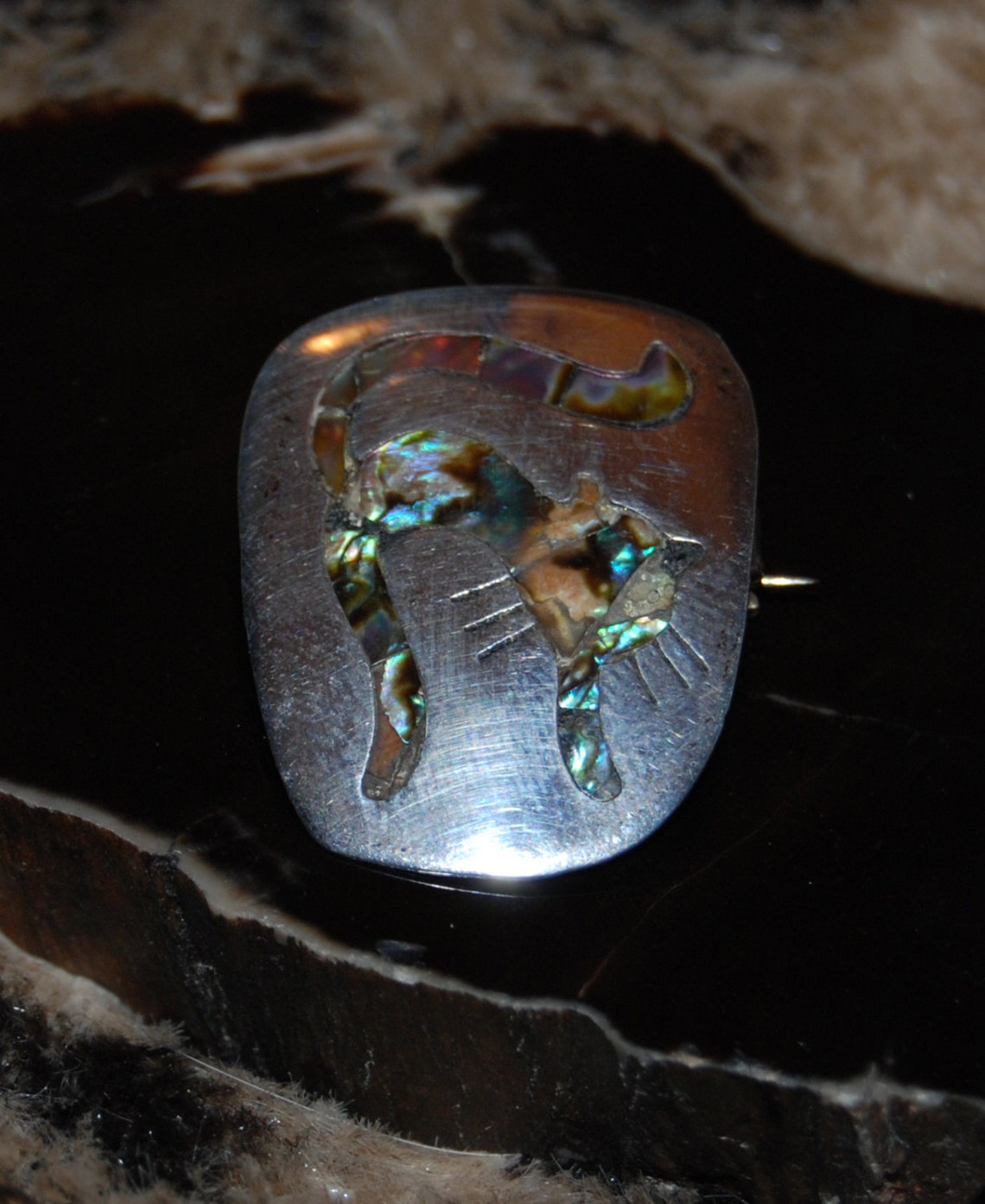 Vintage Abalone Paua Shell & Sterling Silver Kitty Cat Feline Scared ...
