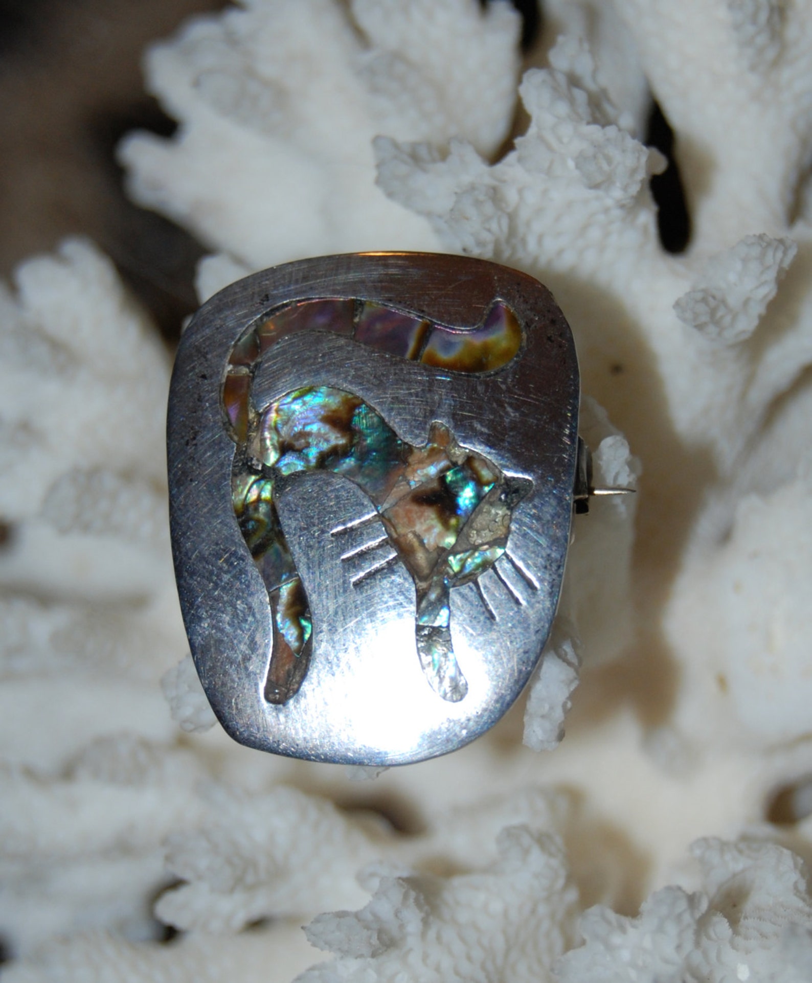 Vintage Abalone Paua Shell & Sterling Silver Kitty Cat Feline Scared ...