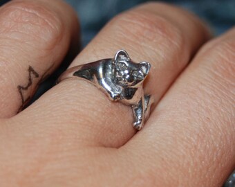 Vintage Sterling Silver Kitty Cat Climbing Wrap Ring 925 - Etsy