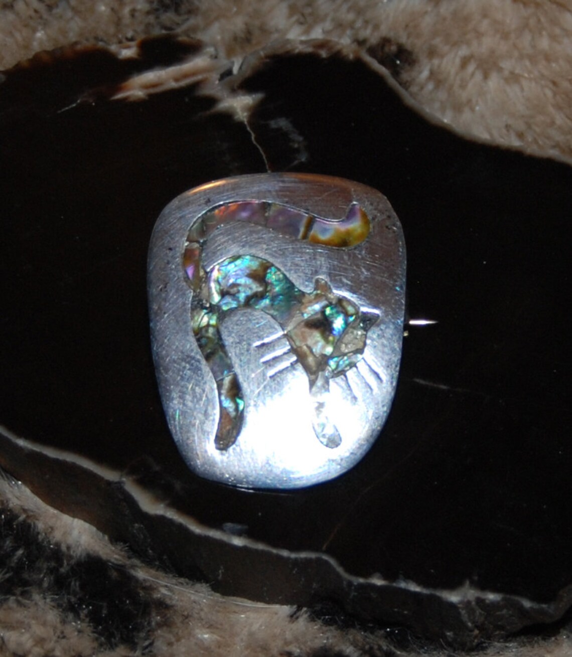 Vintage Abalone Paua Shell & Sterling Silver Kitty Cat Feline Scared ...
