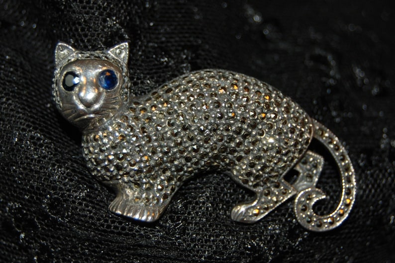 Vintage Sterling Silver Kitty Cat Feline Big Blue Sapphire Eyed ...
