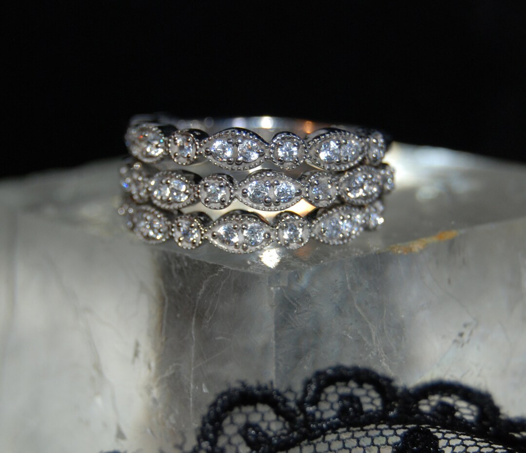 Sterling Silver and CZ Vintage Milgrain Stacking Ring Matching Half ...