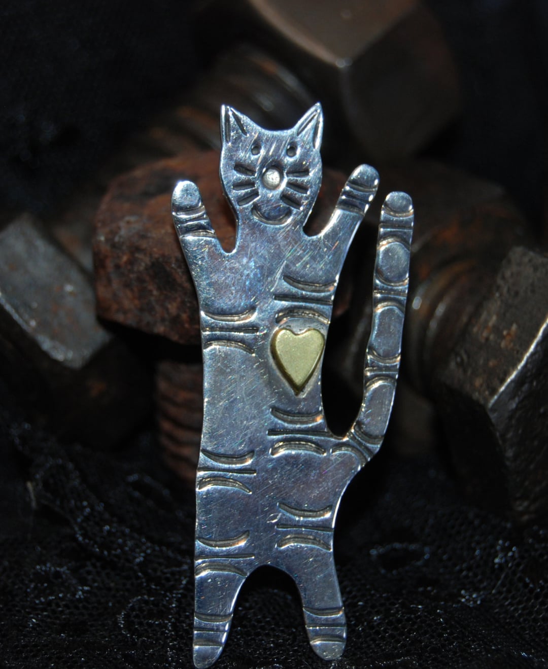 Vintage Mod Cute Sterling Silver Kitty Cat Feline Smiling Happy Faced ...