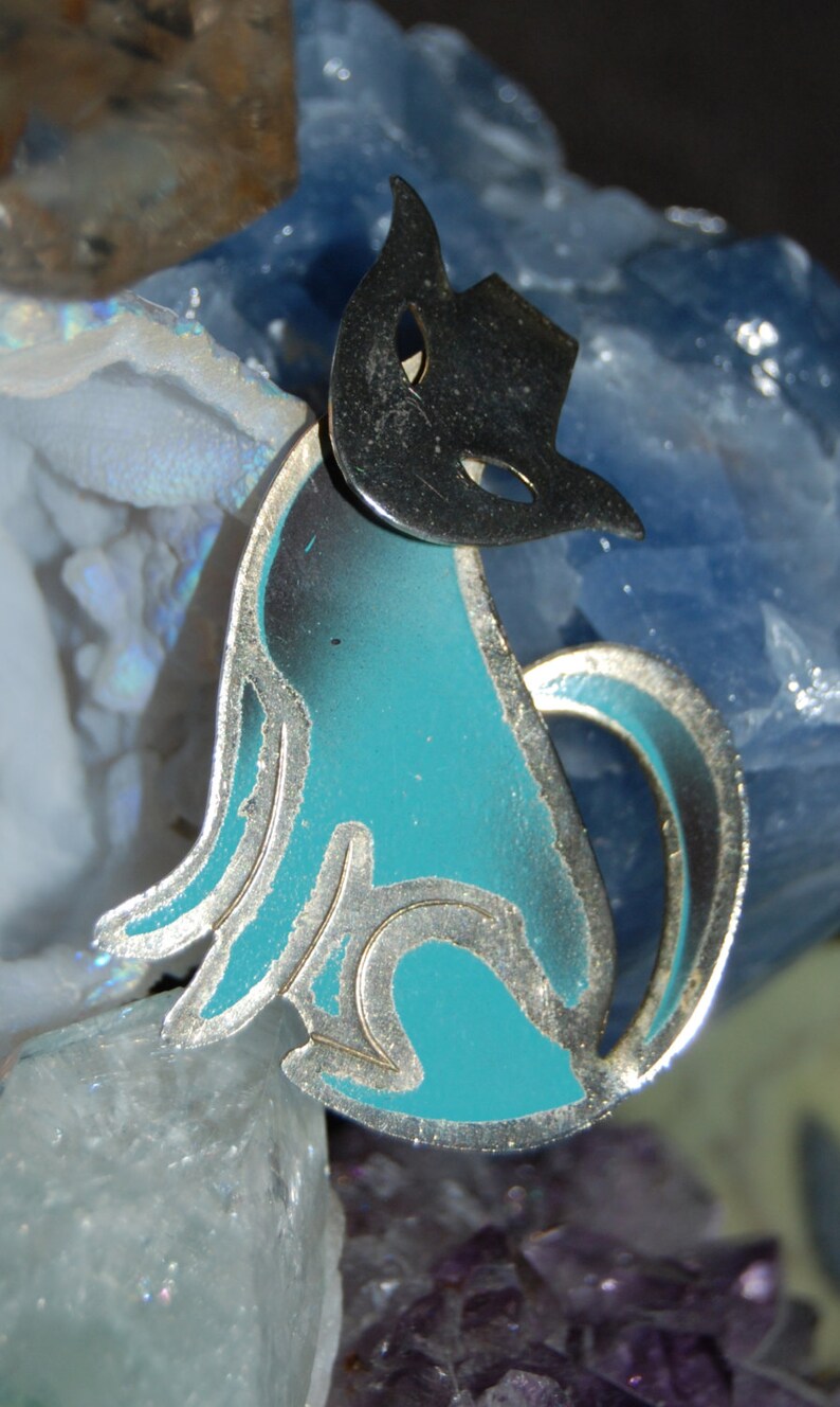 Vintage Sterling Silver Kitty Cat Feline Pin Brooch Turquoise Etsy