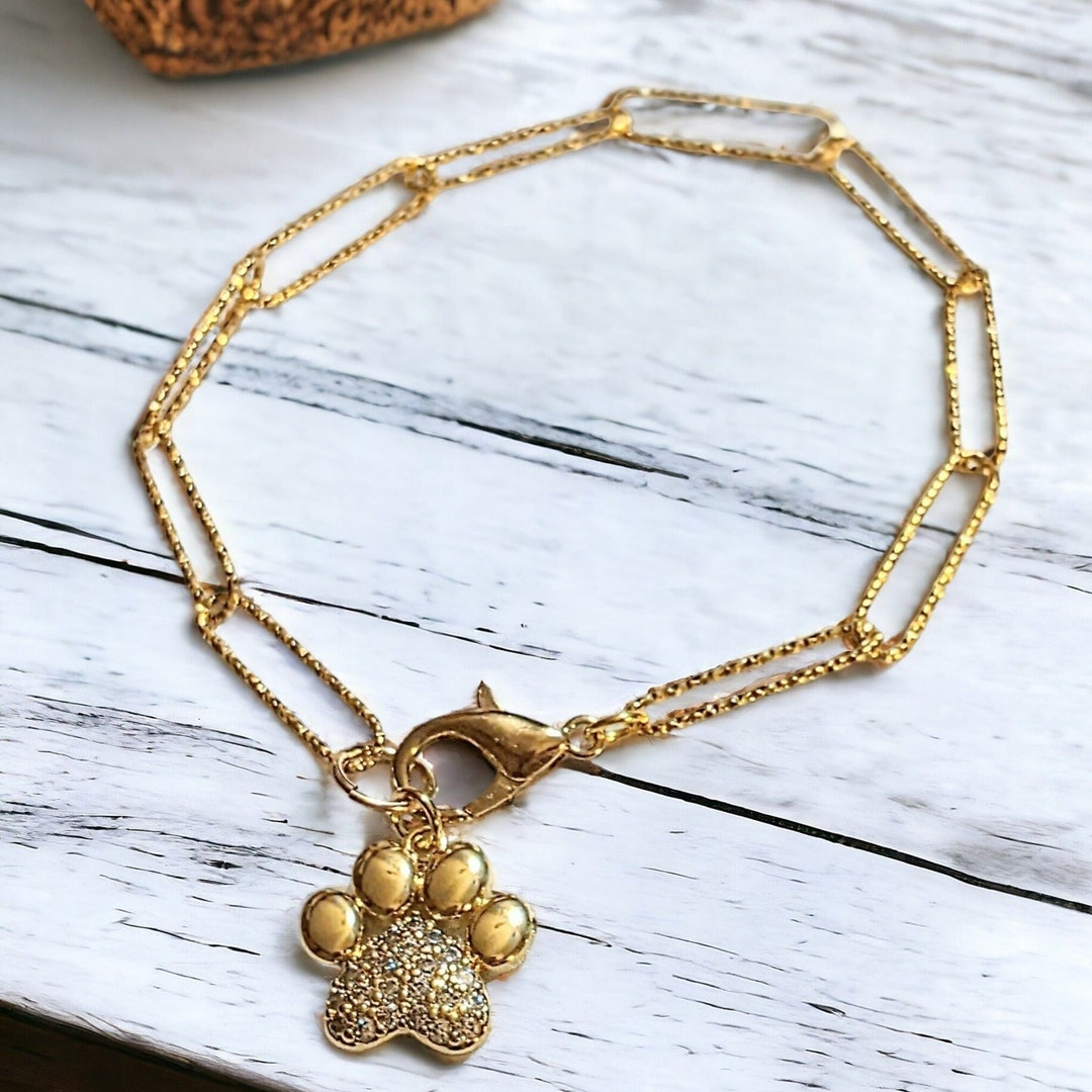 Gold Dog/cat Paw Paperclip Chain Bracelet - Etsy