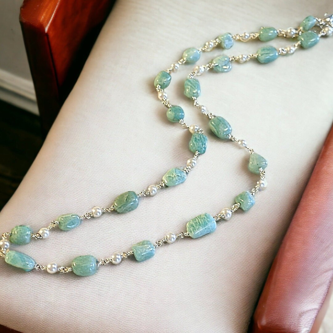 Amazonite Oval Bead and Pearl Necklace, 20 Inch - Etsy