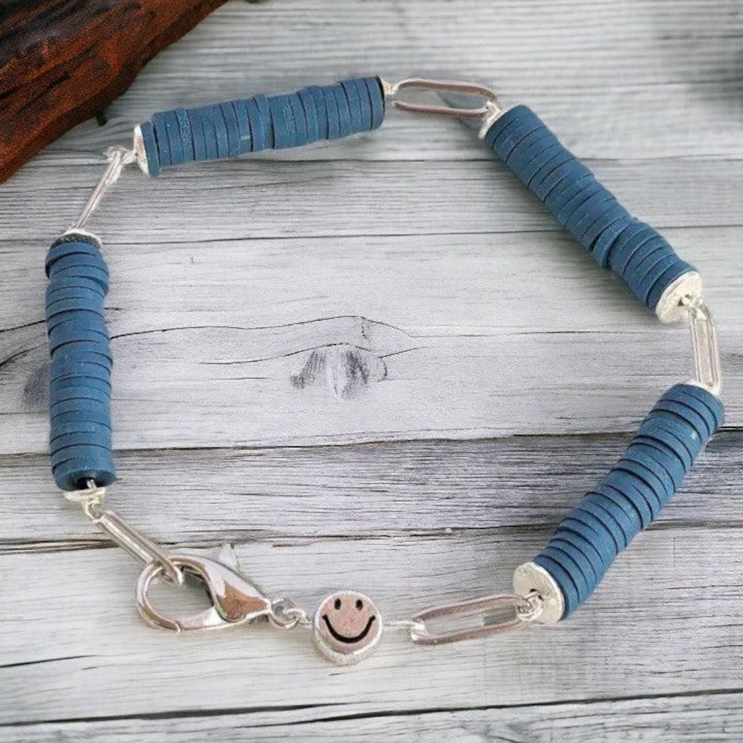 Dark Blue Smiley Stainless Steel Paperclip Chain Bracelet - Etsy