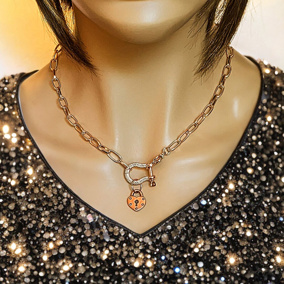 Rose-gold Pave Shackle Heart Lock Necklace, 18-24 Inches - Etsy