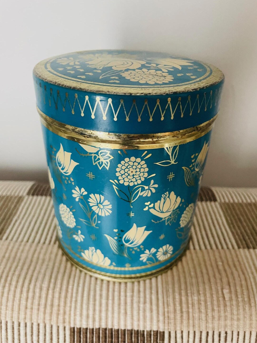 1970's Danish Storage Tin in Turquiose/blue and Gold - Etsy