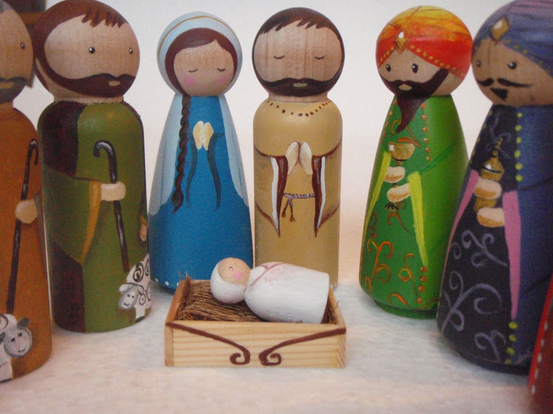Hand painted wooden peg doll nativity. | Etsy