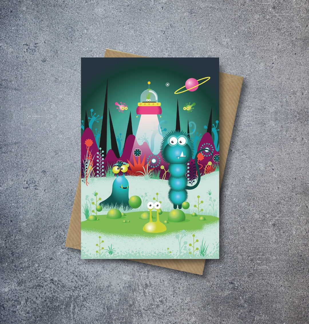 Green Alien Space Scene Greetings Card | Birthday Card | Boys Birthday ...