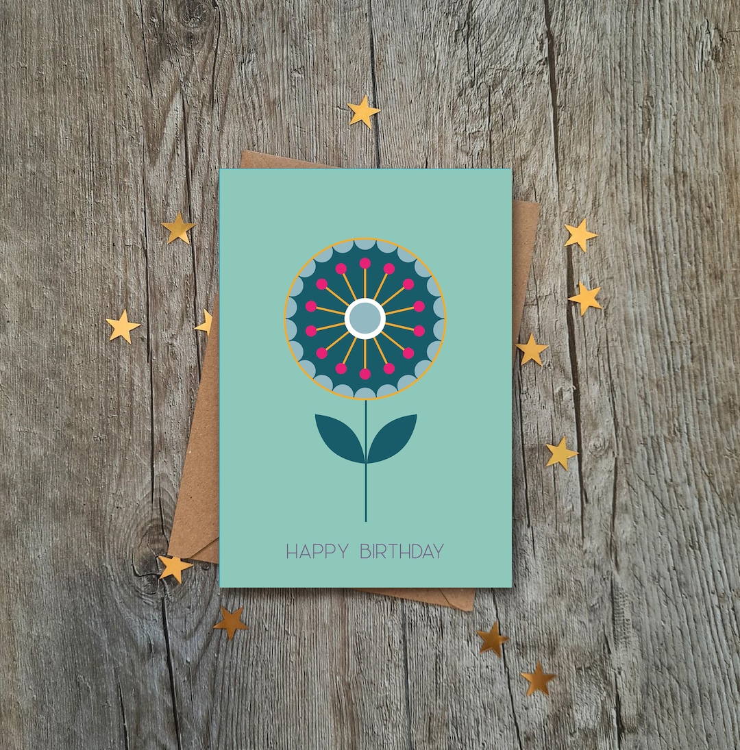 Thistle Flower Birthday Card | Teal Green, Geometric Scandi Design - Etsy