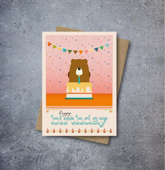 Bear Happy Birthday Card Kids Birthday Toddler Birthday | Etsy