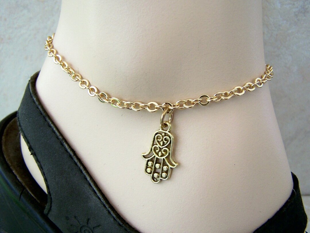 Hanna Hand Ankle Bracelet on Gold Chain, Size 6-12 Inch Anklet, Custom ...