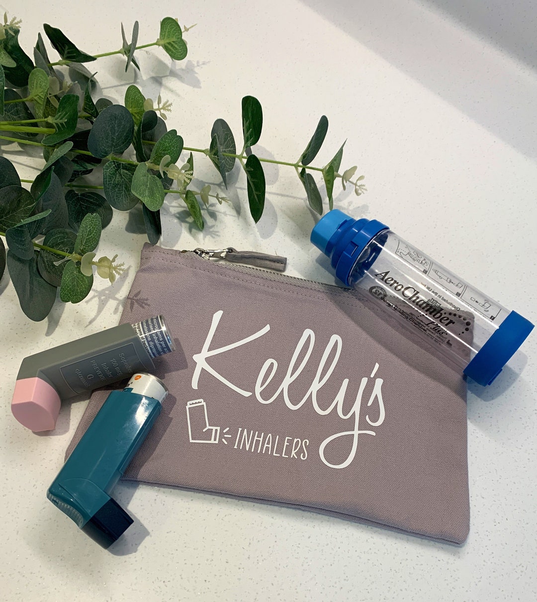 Personalised Grey Cotton Inhaler Bag Storage Medication Bag Epi Pen ...