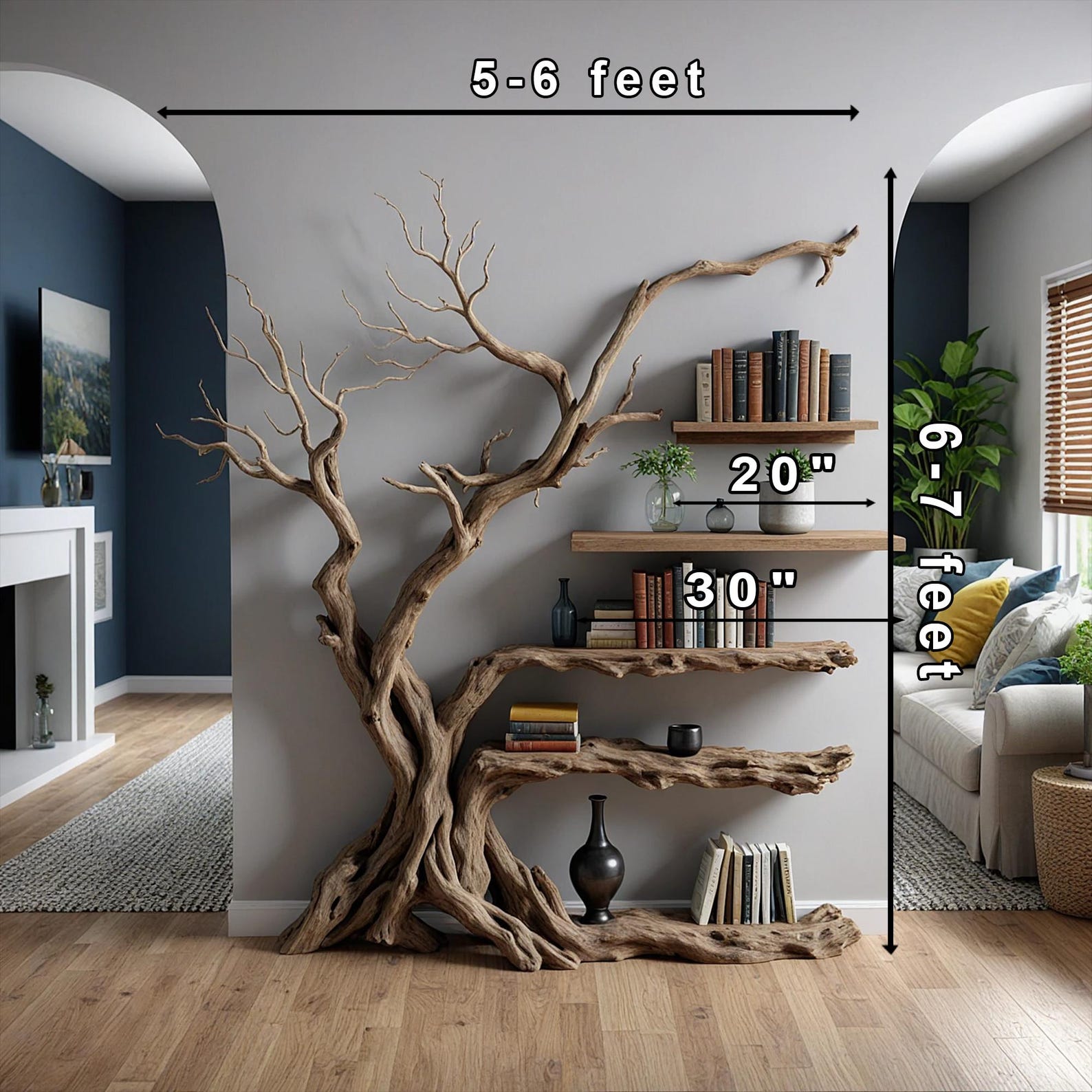 Natural Wooden Tree Branch Bookshelf Next to a Unique Floating Corner ...