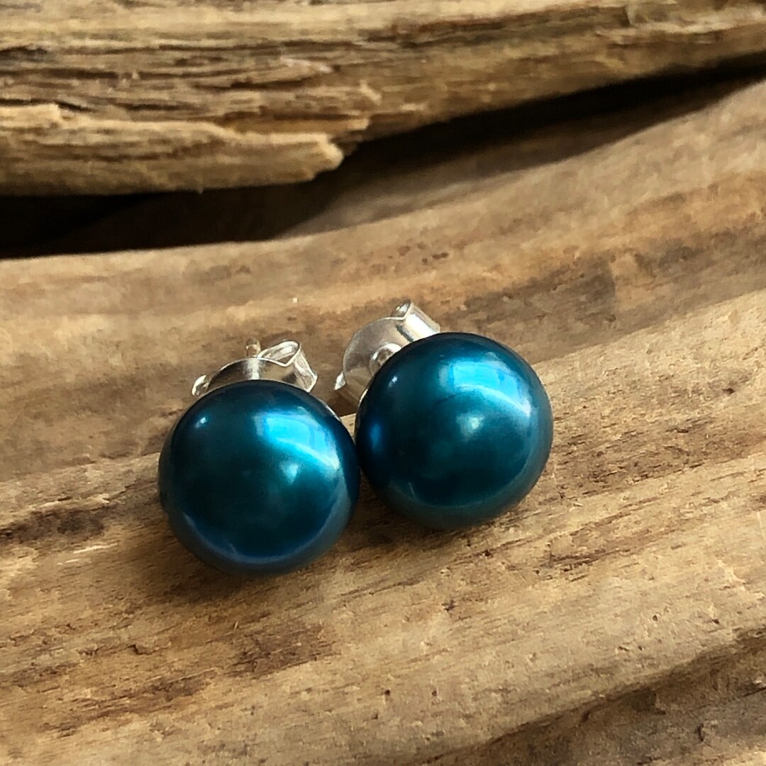 9mm Button Shaped Blue Freshwater Pearl Sterling Silver Studs - Etsy