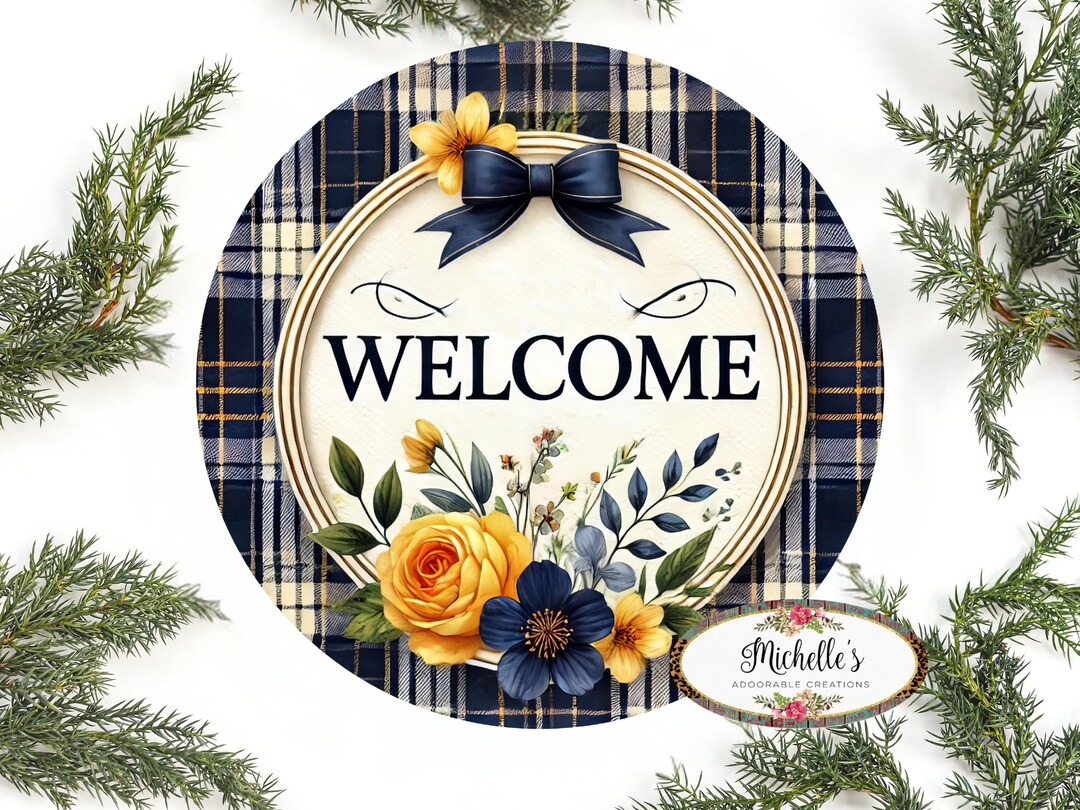 Welcome Blue Plaid Metal Sign - Etsy