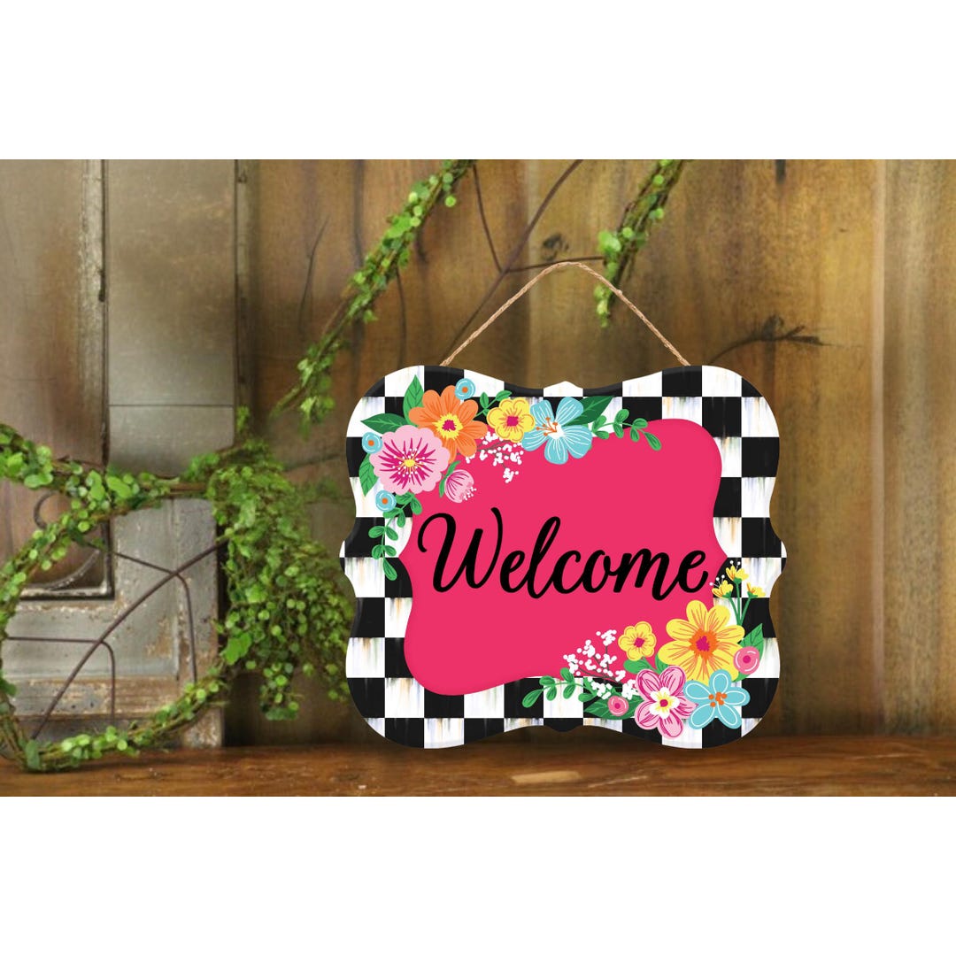 10in Scalloped Wooden Sign: Welcome Hot Pink Checker - Etsy
