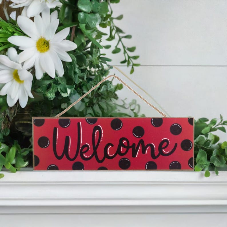 15in Wooden Sign: Welcome Red, Black Dots - Etsy