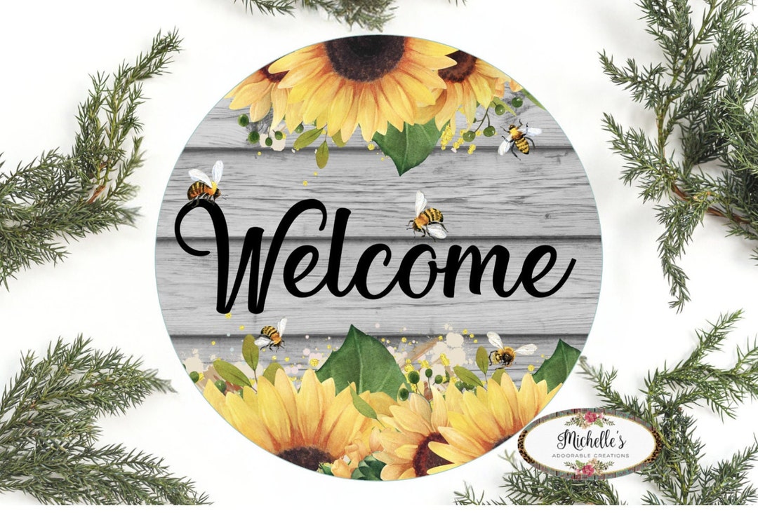 Welcome Sunflower Bumble Bee Round Sign - Wreath Enhancement - Etsy