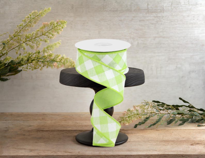 1.5in Diagonal Check on Royal Ribbon: Bright Green & White (10 Yards ...