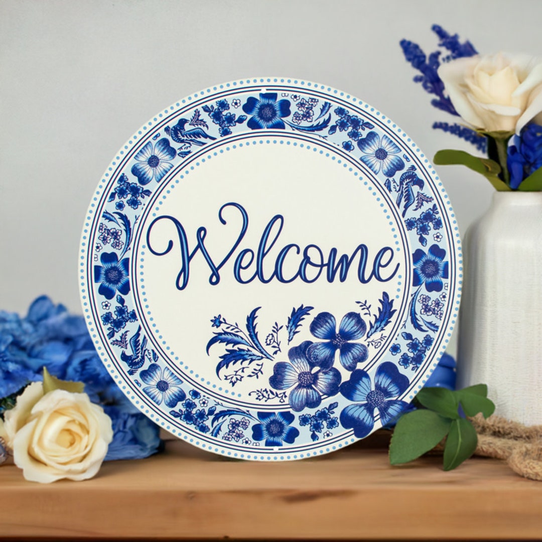 8in Metal Round Sign: Welcome Blue Floral - Etsy