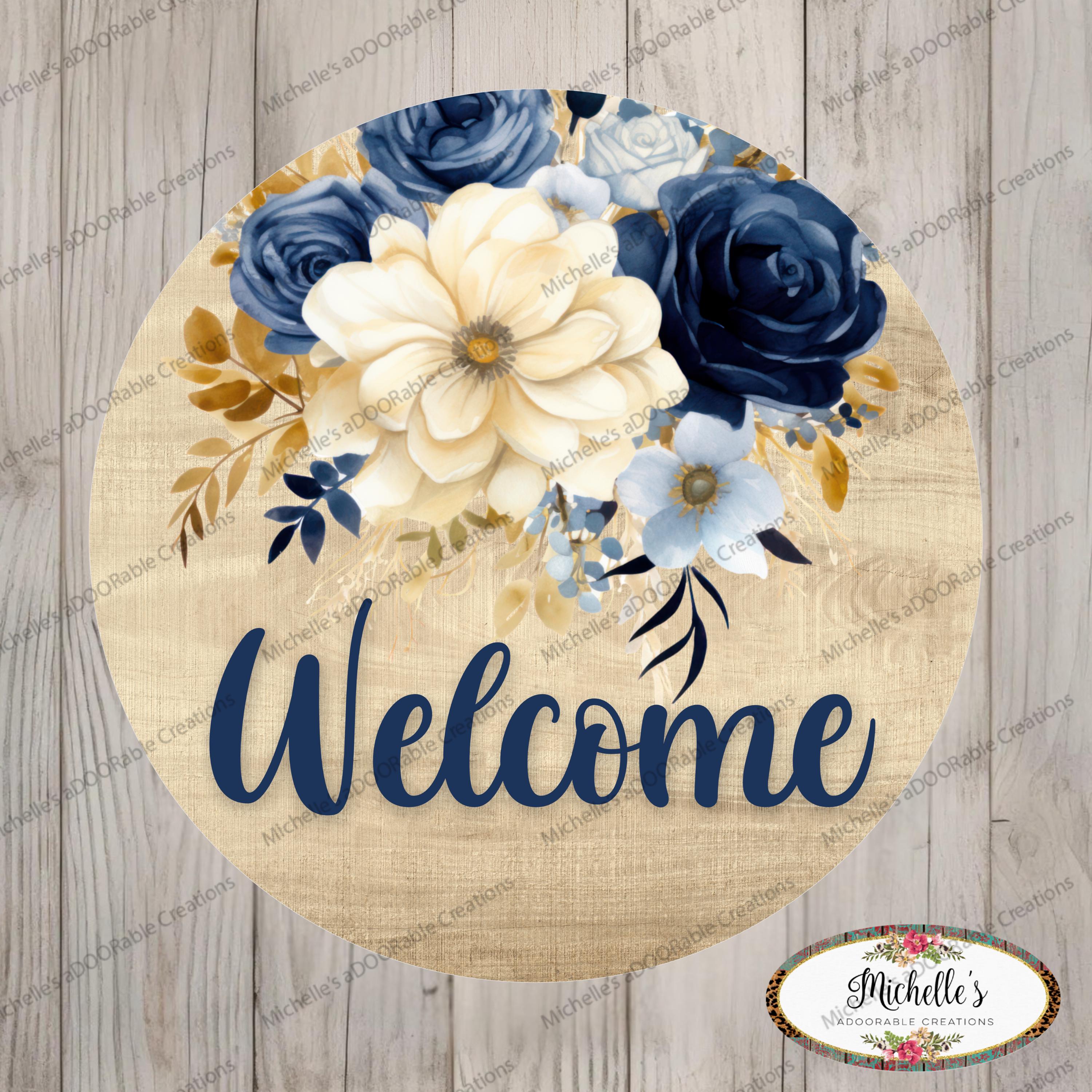 Welcome Blue Watercolor Floral Round Sign - Etsy