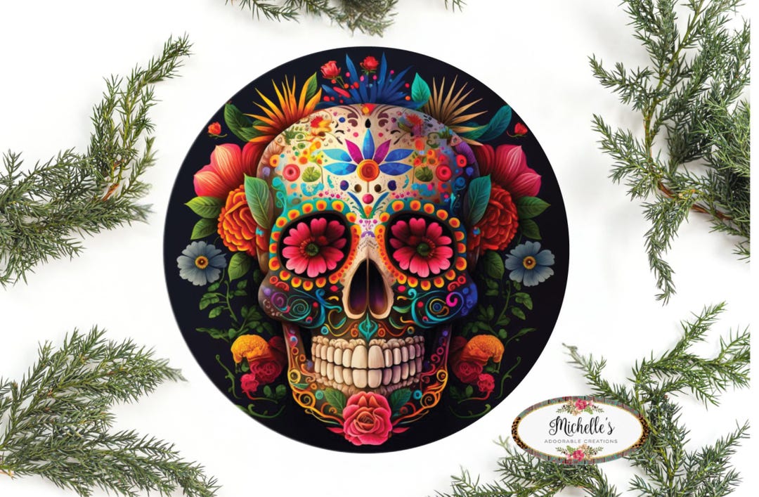 Floral DOD Sugar Skull Sign - Wreath Enhancement - Etsy