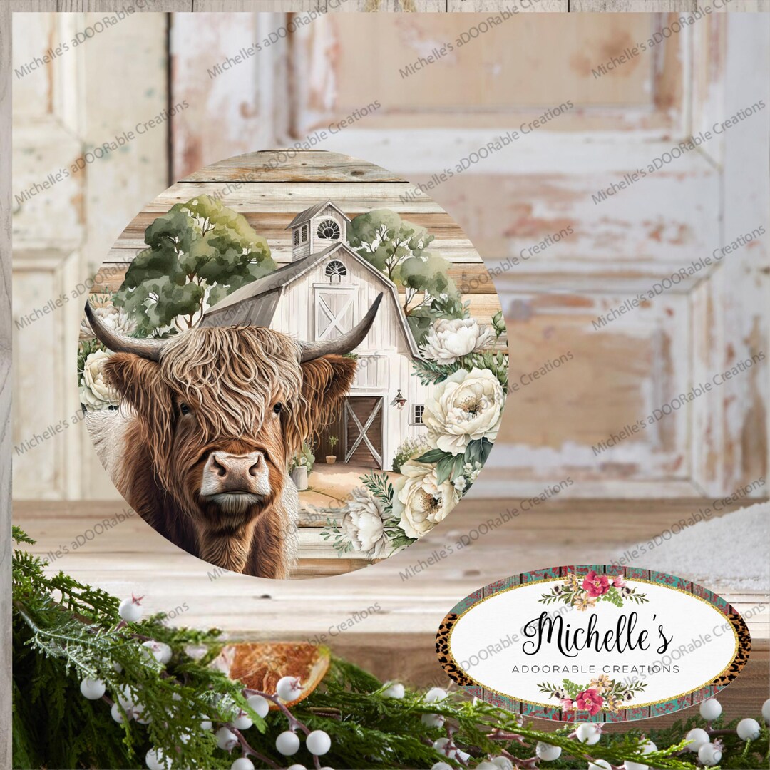 Highland Cow White Barn Florals Sign - Etsy
