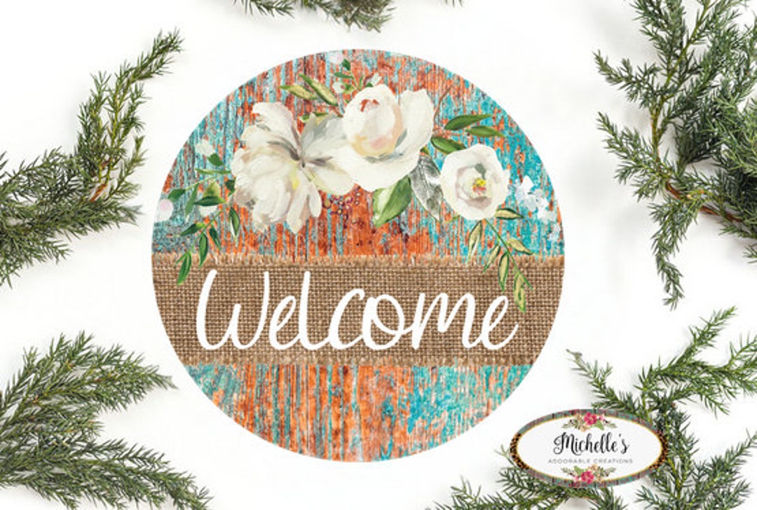 Welcome Round Floral Rustic Sign Wreath Enhancement - Etsy