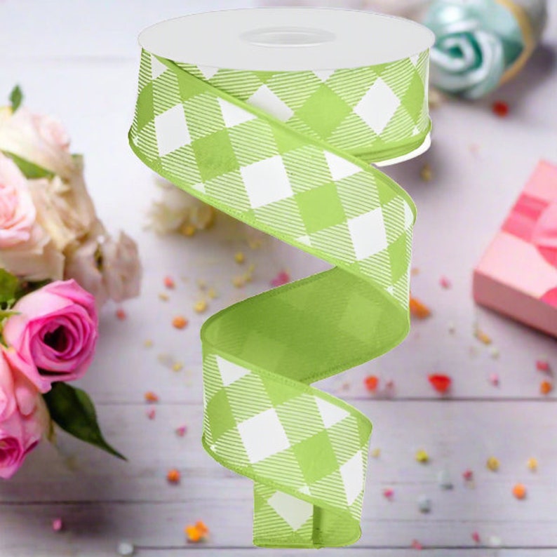 1.5in Diagonal Check on Royal Ribbon: Bright Green & White (10 Yards ...