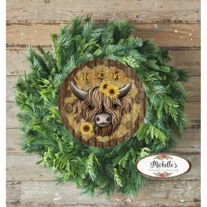 Highland Cow Welcome Sunflower Round Sign - Wreath Enhancement - Etsy