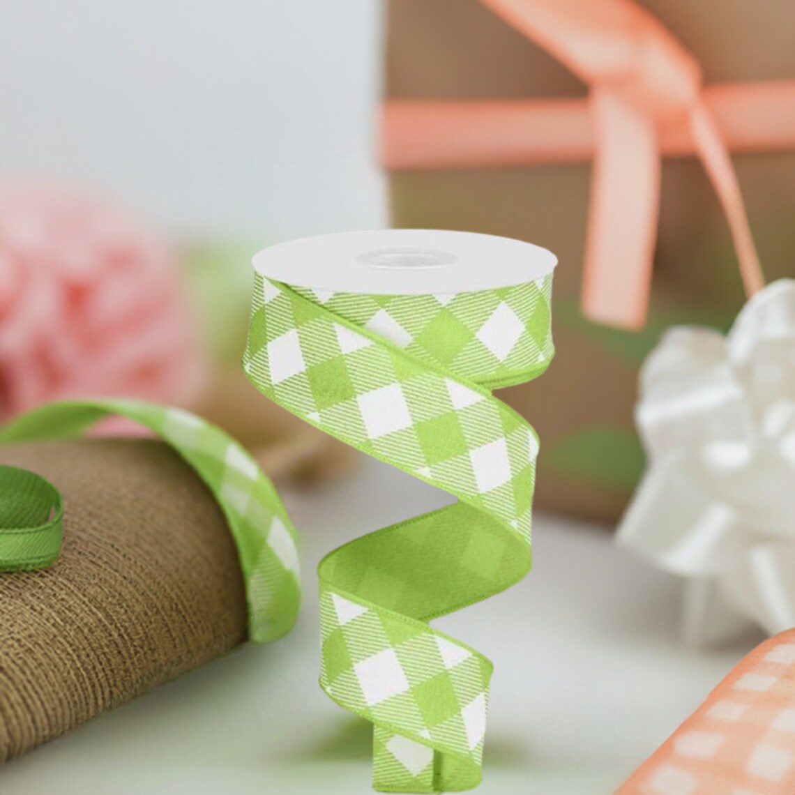 1.5in Diagonal Check on Royal Ribbon: Bright Green & White (10 Yards ...