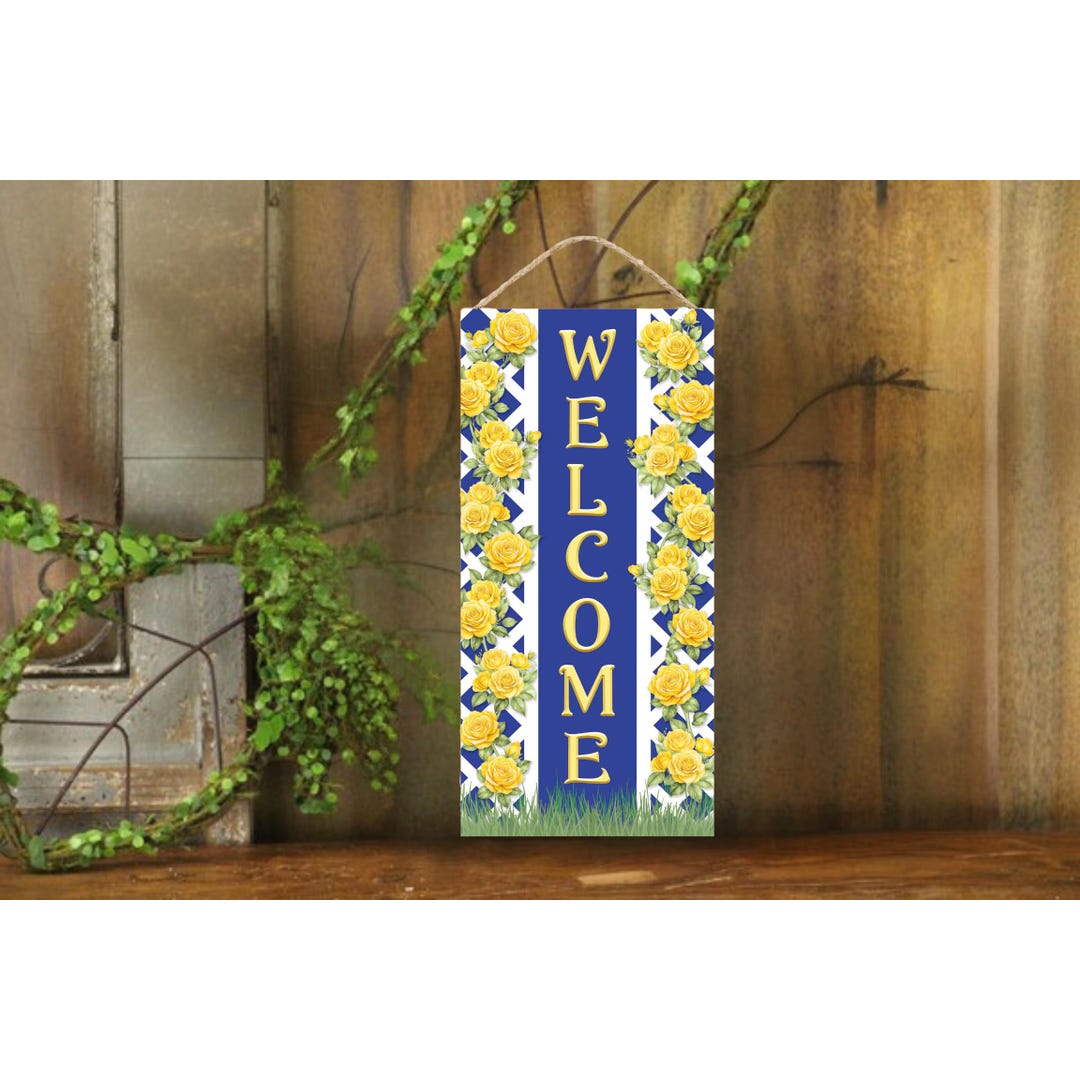 12in Welcome Blue Yellow Trellis Rose Sign - Etsy