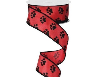 Red/white Dog Paw Print/bones Royal Wired Ribbon, 1.5 X 10 Yard Ribbon ...