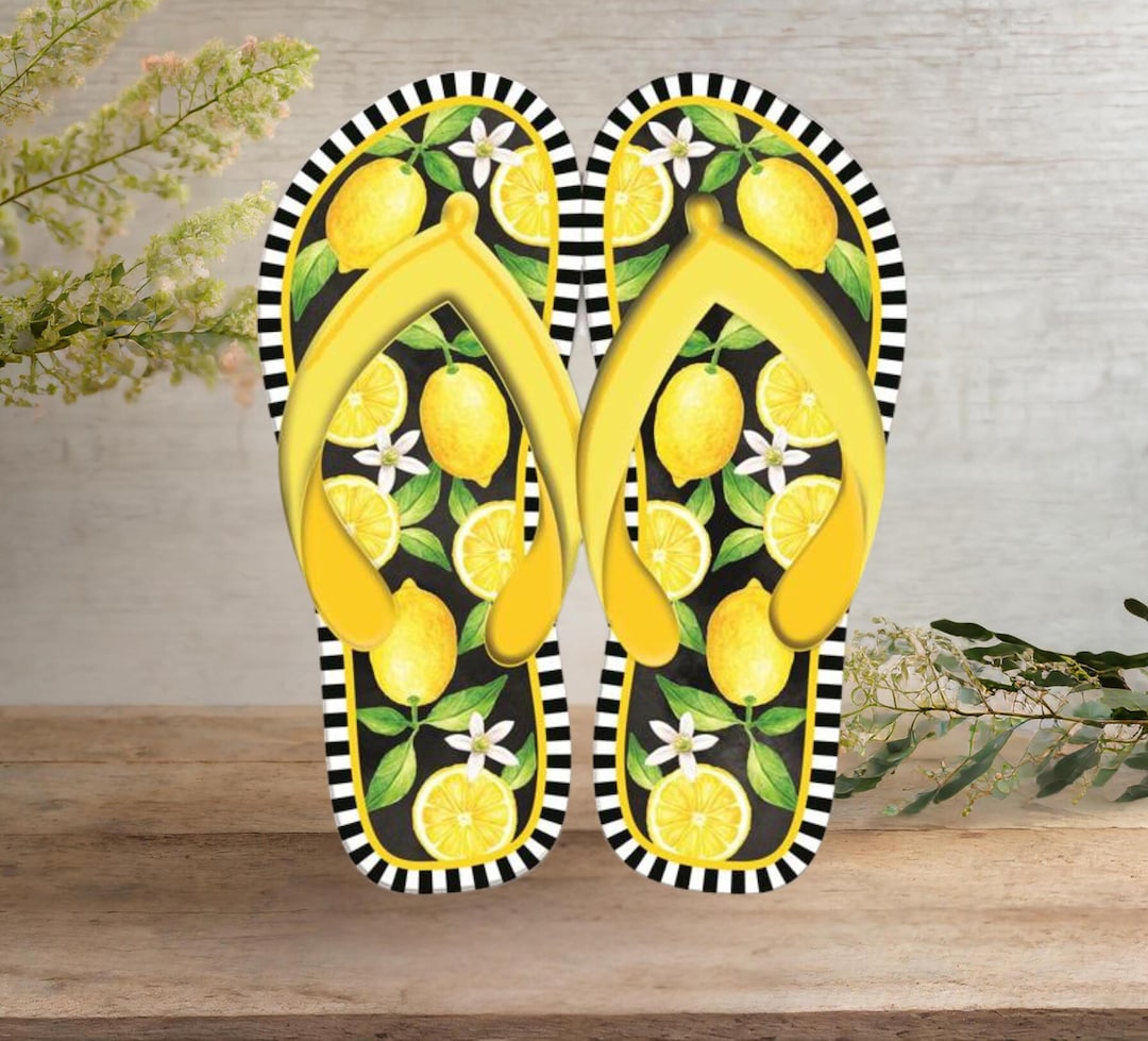 13in Metal Emossed Flip Flops: Lemon Black - Etsy