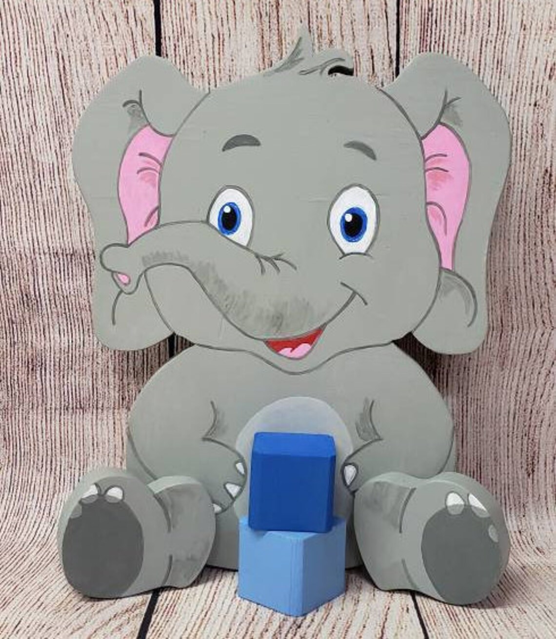 Painted Wood Baby Elephant With Blocks - Etsy