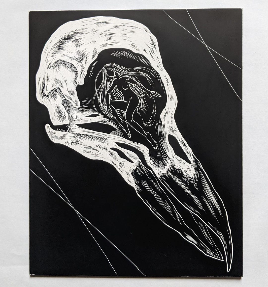 Raven Skull Female Figure Scratchboard Original Art / Surreal / Dark ...