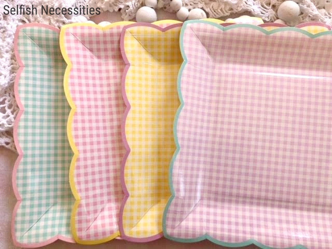Pastel Gingham Luncheon Plate Set - Square Plates With Scalloped Edges ...